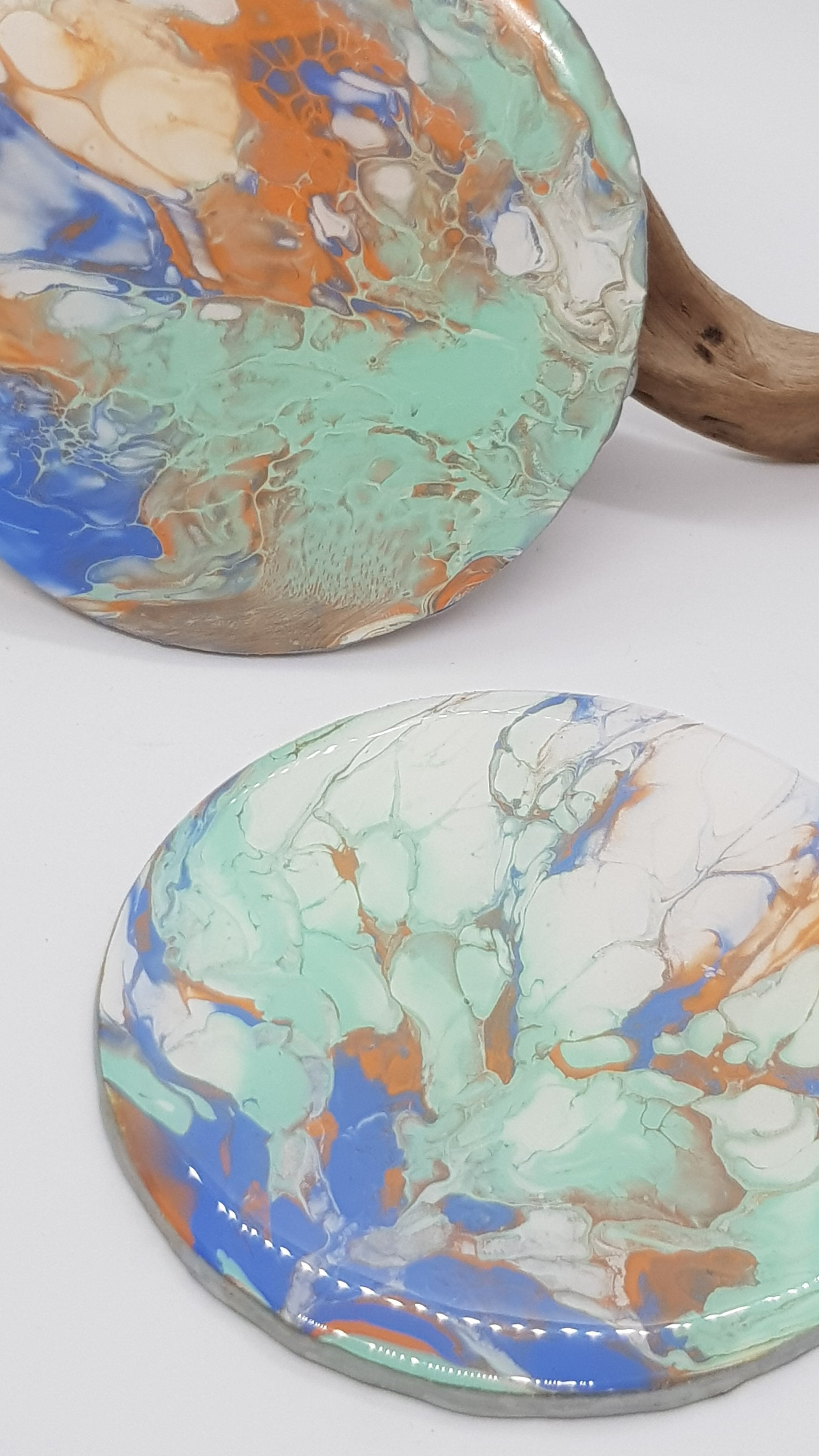Set of 2 x Blue Peppermint Orange White Resin Coated Acrylic Pour Art ...